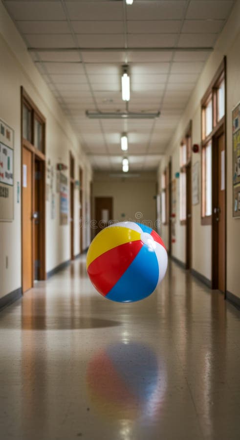 Red Yellow Blue Beach Ball Floating in School Hallway Stock ...
