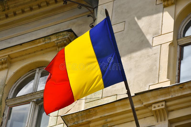 The Red, Yellow and Blue Romanian Flag in Sighisoara, Romania Stock ...