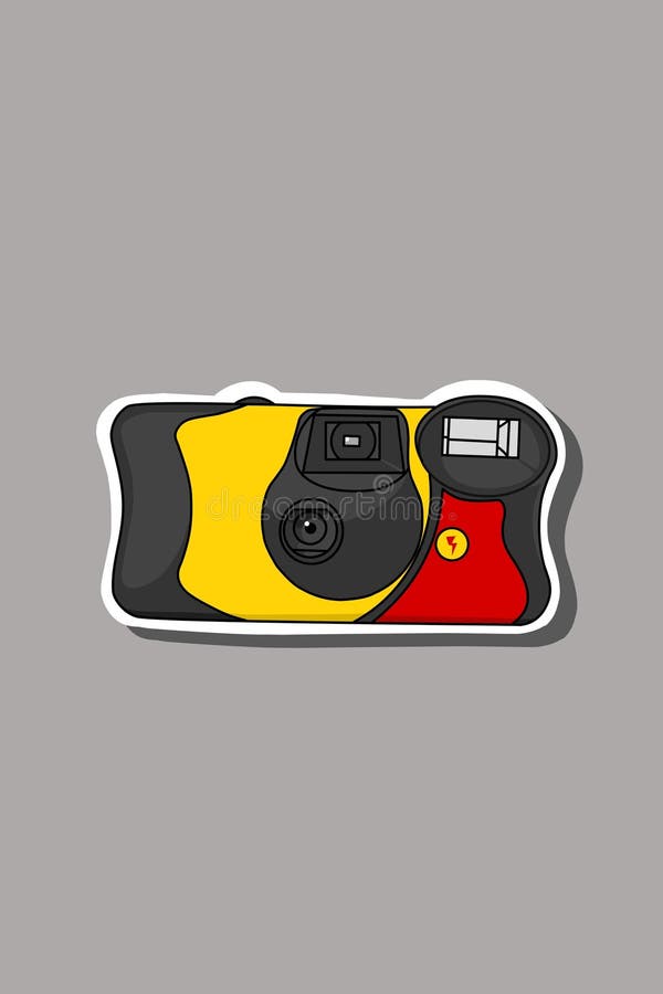 Red, Yellow Color Retro Analog Camera Sticker on Grey Doodle Element ...