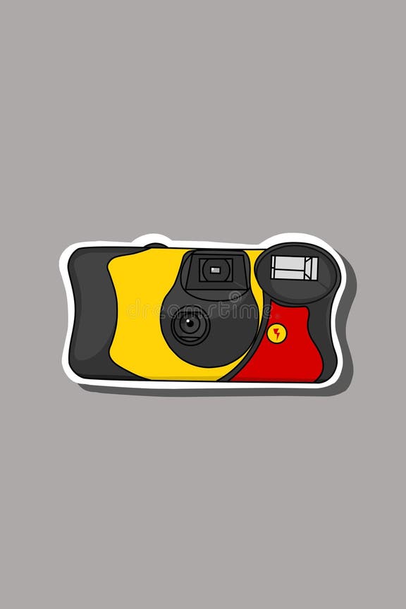 Red, Yellow Color Retro Analog Camera Sticker on Grey Doodle Element ...