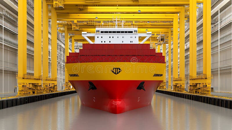 Red and Yellow Container Ship in Dry Dock Stock Illustration ...