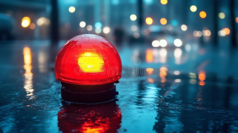 A Red and Yellow Emergency Light is Shown in Close Proximity on a Wet ...