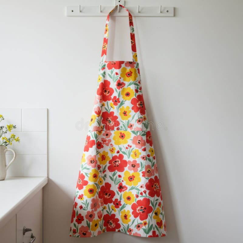 Red and Yellow Floral Apron Hanging on White Wall Stock Illustration ...