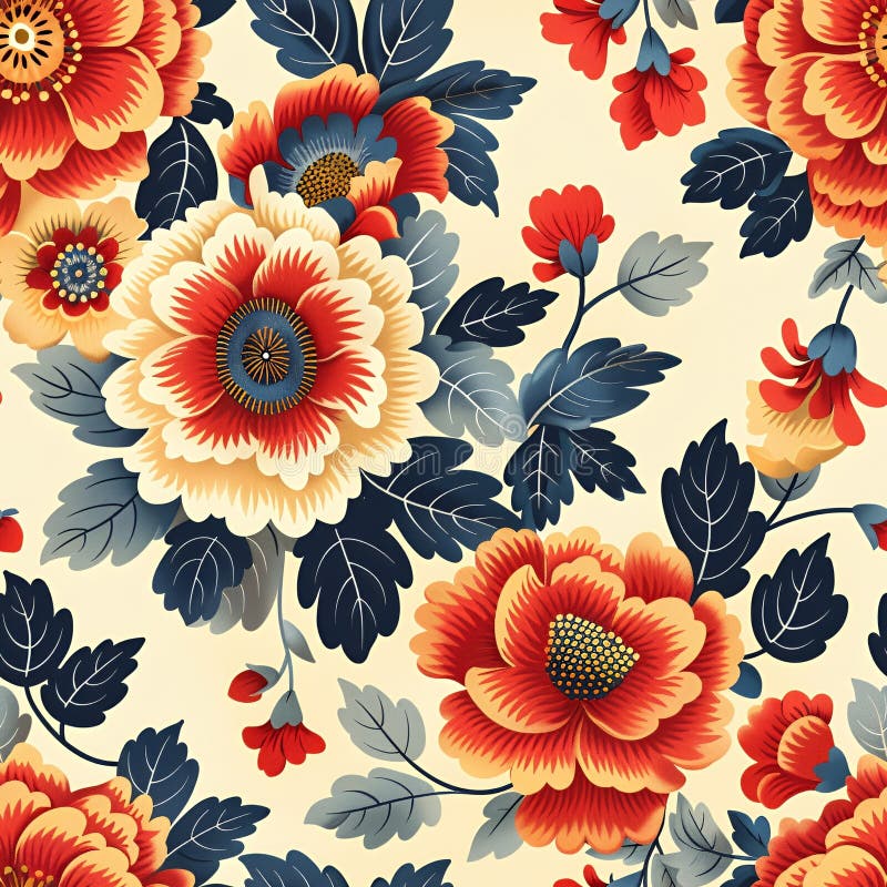 Red and Yellow Floral Pattern on Cream Background Stock Illustration ...