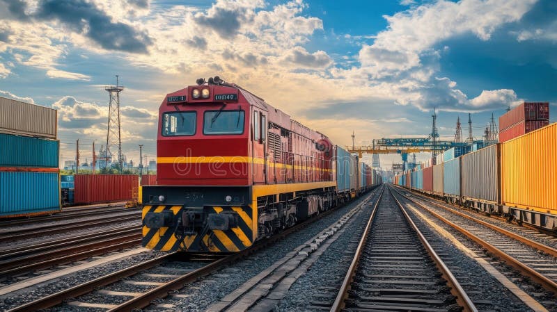 Red and Yellow Freight Train Transporting Cargo Containers on Railway ...