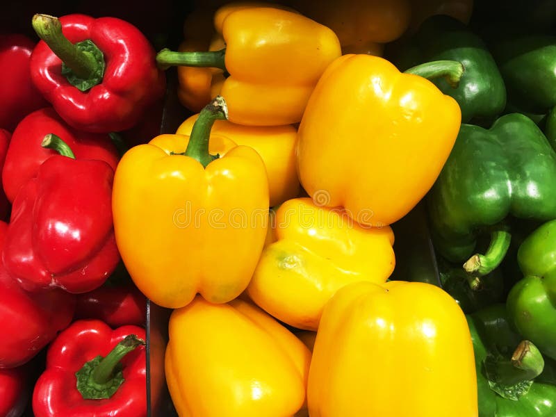 Red Yellow and Green Bell Peppers Vegetable Stall Display Stock Photo ...