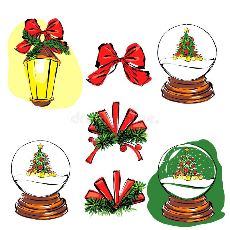 Red-Yellow Kit for Christmas Design. Digital Hand-painted Snow Globe ...