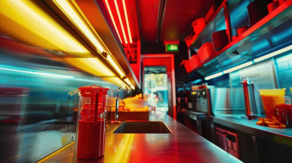 Red and Yellow Neon Lights in a Kitchen Stock Illustration ...