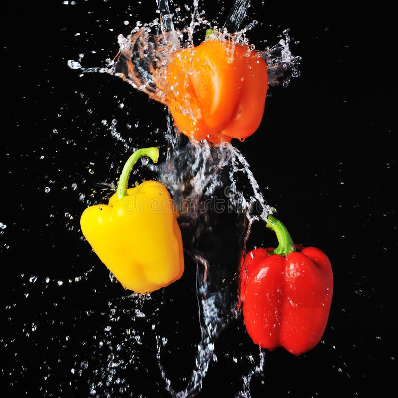 Three Peppers Water Splash on Black Stock Photo - Image of underwater ...