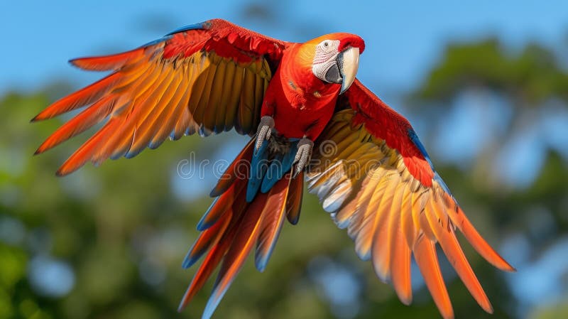 Red and Yellow Parrot Flying through the Air Stock Image - Image of ...