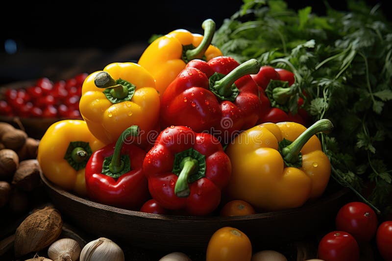 Red and Yellow Pepper and Tomatoes on a Rock Stock Illustration ...