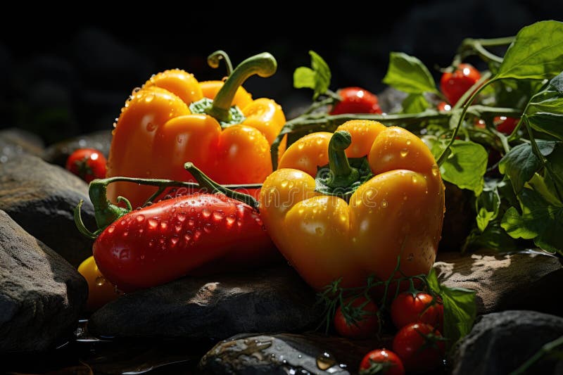 Red and Yellow Pepper and Tomatoes on a Rock Stock Illustration ...