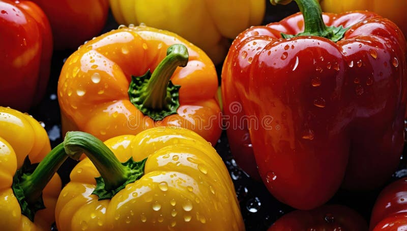 Red and Yellow Peppers with Drops of Water Close-up Stock Image - Image ...