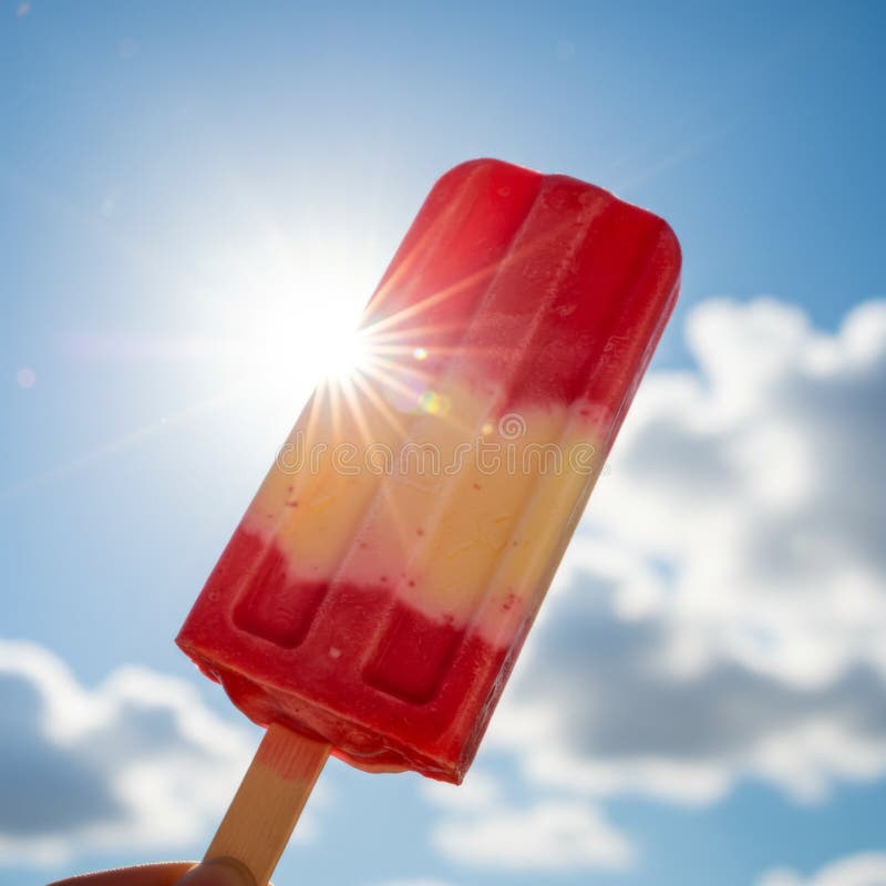 Red and Yellow Popsicle Held Against a Sunny Sky Stock Illustration ...