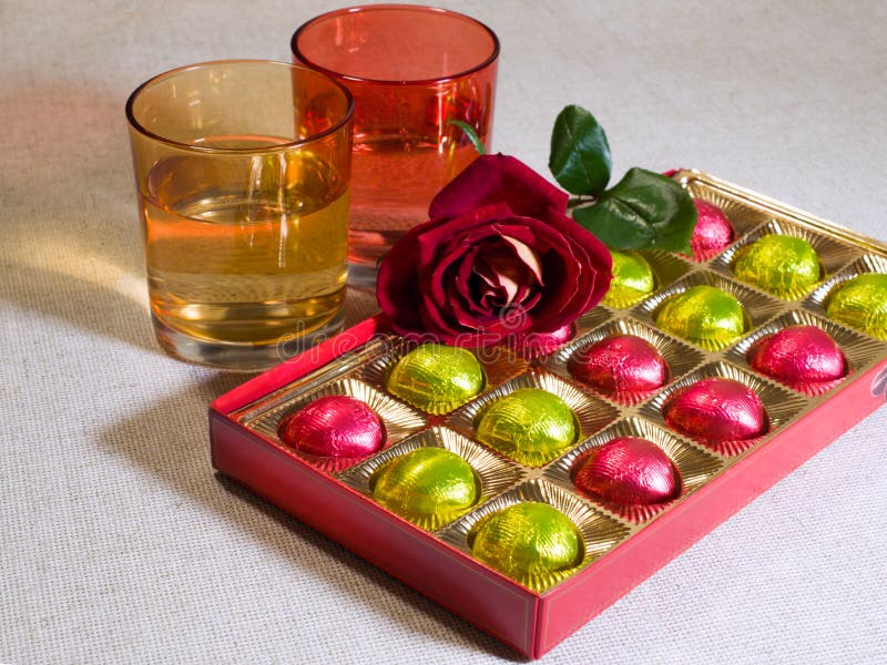 Red-yellow Rose and Box of Candy Stock Photo - Image of chocolate ...