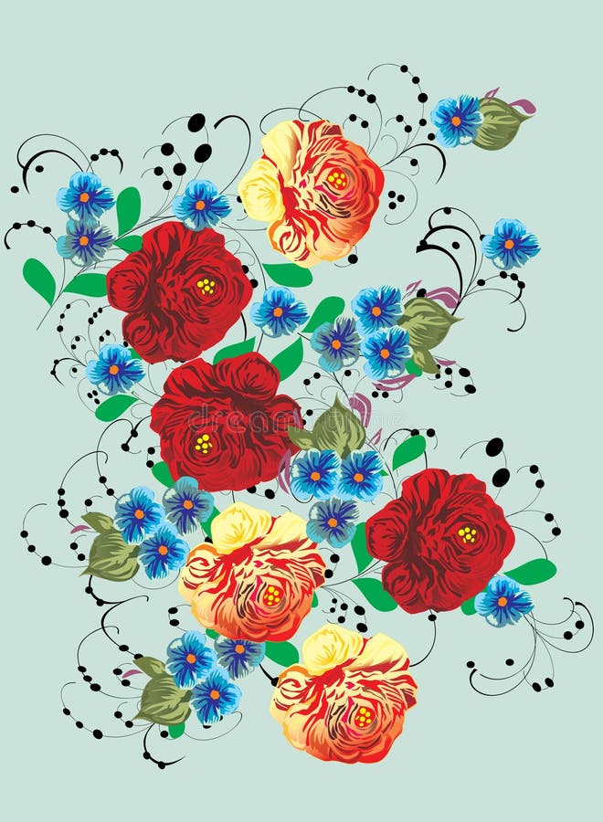 Red and Yellow Rose Decoration on Blue Stock Illustration ...