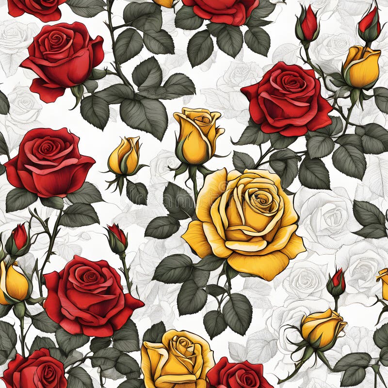 Red and Yellow Rose Pattern on White Background Stock Illustration ...