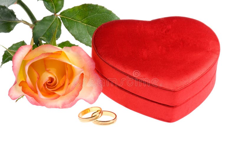 Red Yellow Rose Rings Heart Shape Box Stock Photo - Image of closeup ...