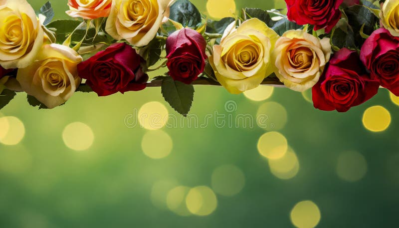 Red and Yellow Roses with Bokeh Lights on a Green Background Stock ...