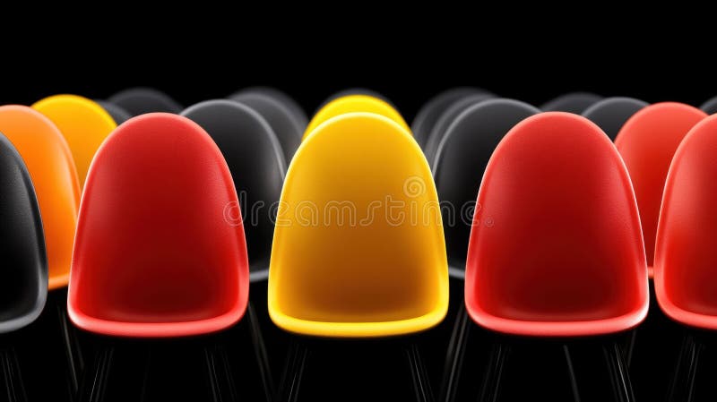 Red and Yellow Rounded Chairs Arranged in Rows on Black Background ...