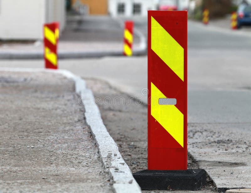 Red and Yellow Striped Caution Road Signs Stock Photo - Image of repair ...