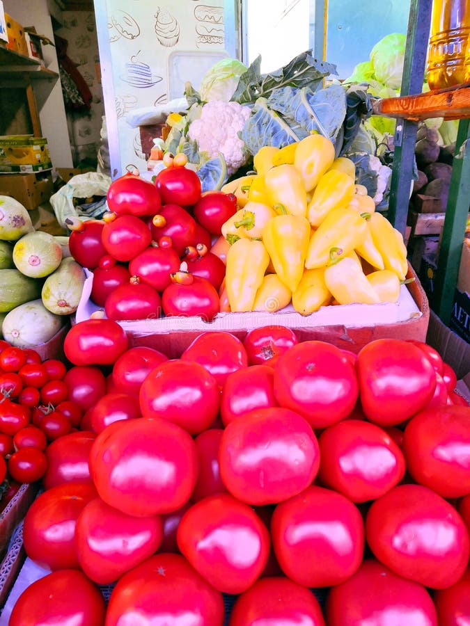 Red and Yellow Tomatoes Vegetables on Boxes at Supermarket. Stock Image ...
