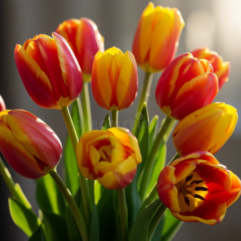 Red and Yellow Tulip Bouquet in Soft Sunlight Stock Illustration ...