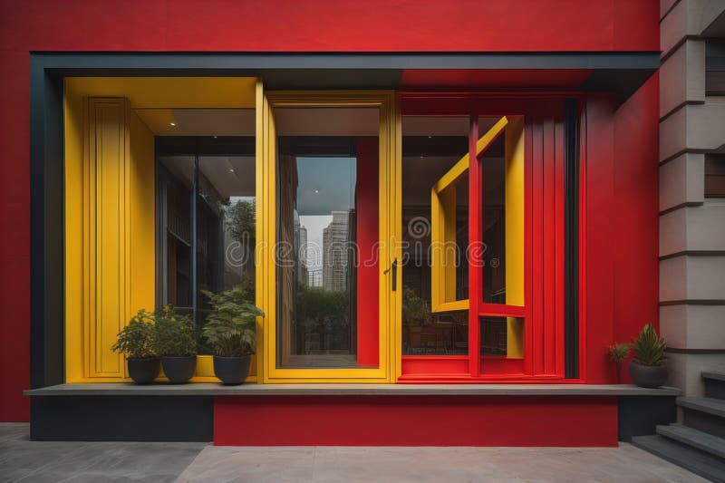 Red and Yellow Window in Modern House. Generative Ai Stock Illustration ...