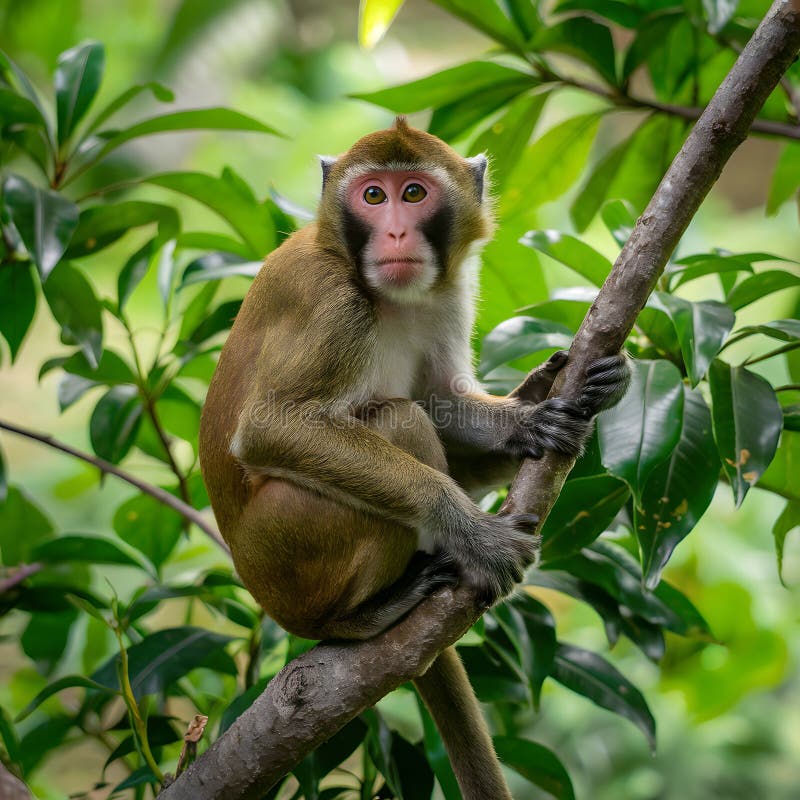 Reddish Brown Primate with Expressive Eyes Perched on Tree Branch in ...