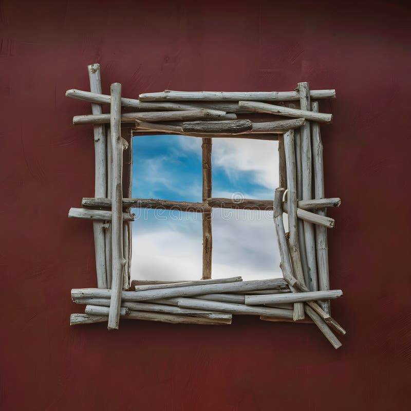 Reddish Brown Wall, Window Made of Sticks, Rustic Ambiance Stock ...