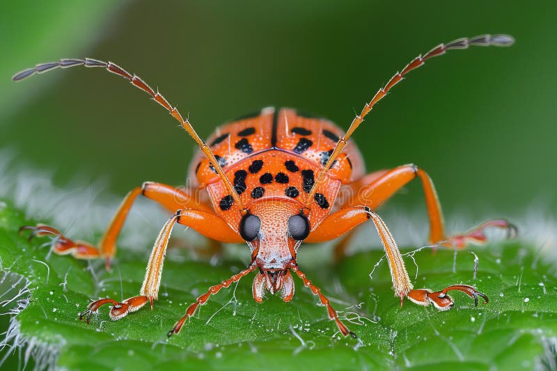 Reddish Orange Beetle with Black Spots on a Green Leaf Stock Photo ...