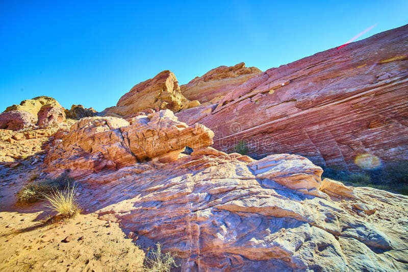 Reddish Rock Formations in Moapa Valley Desert Ground Perspective Stock ...