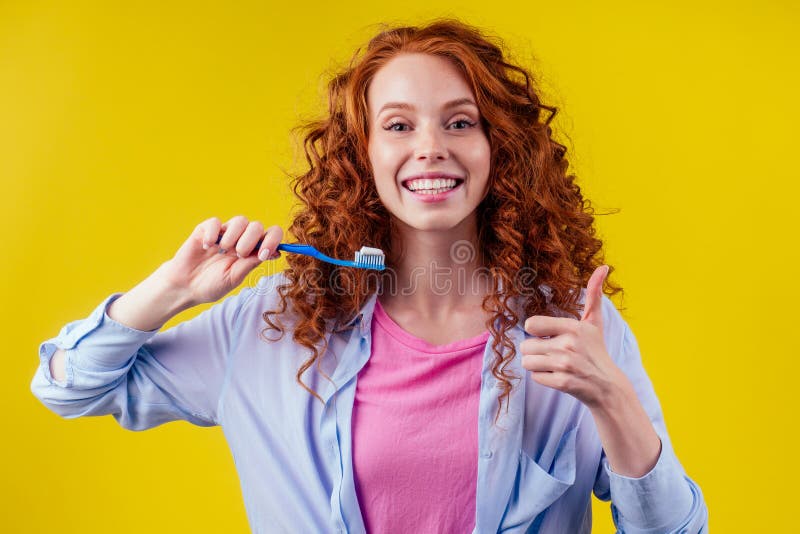 Redhaired Ginger Woman Brushing Teeth with Toothpaste Eco Paste on ...