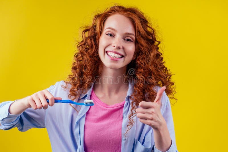 Redhaired Ginger Woman Brushing Teeth with Toothpaste Eco Paste on ...