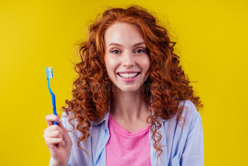 Redhaired Ginger Woman Brushing Teeth with Toothpaste Eco Paste on ...