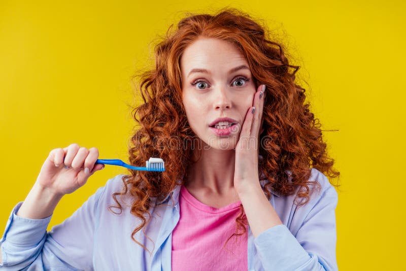 Redhaired Ginger Woman Brushing Teeth with Toothpaste Eco Paste on ...