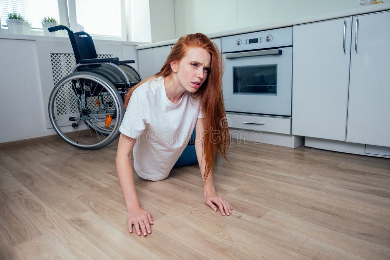 Redhaired Ginger Woman Falling Down and Crawling for Help in Kitchen ...