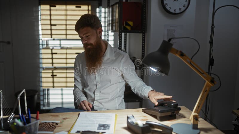 Redhead Bearded Man in Office Reaching for Phone with Documents, Clock ...