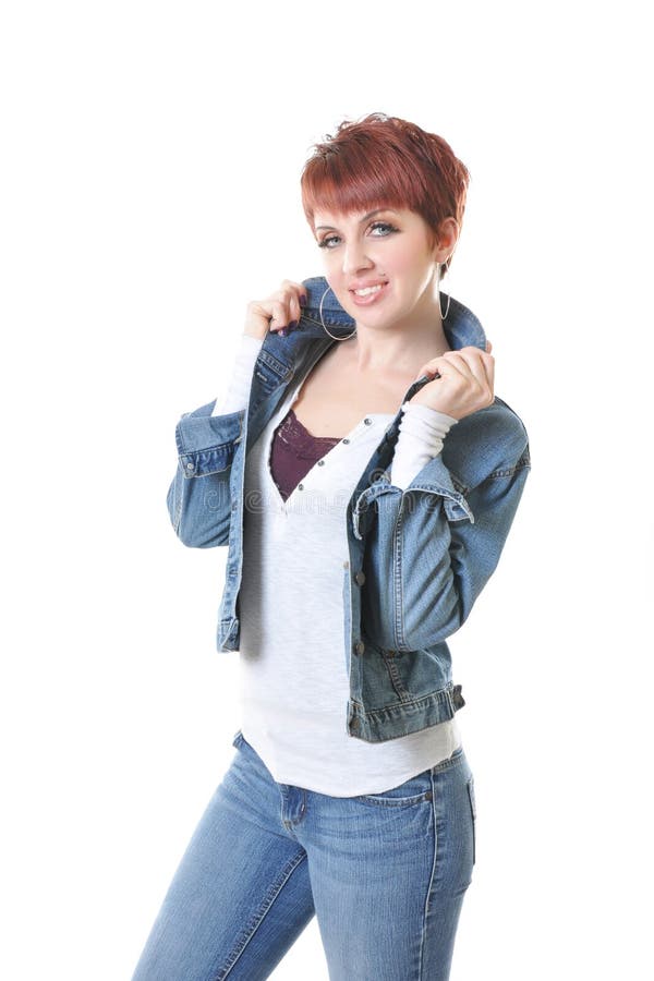 Redhead In Jeans And Jean Jacket Popping Collar Stock Image Image Of