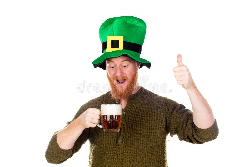 Redhead Man with a Big Green Hat Drinking a Beer Stock Photo - Image of ...
