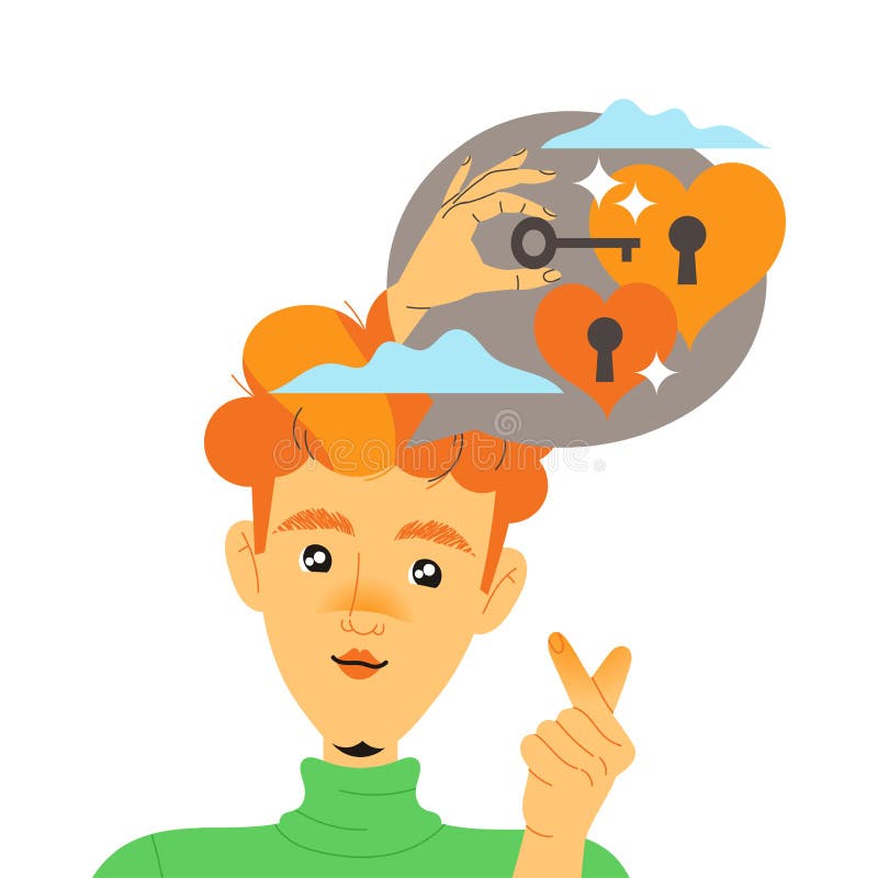 Redhead Man Character with Type of Thinking with Lock and Key As ...