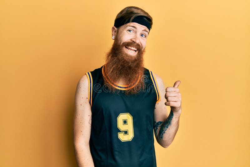 Redhead Man With Long Beard Wearing Basketball Uniform Smiling With