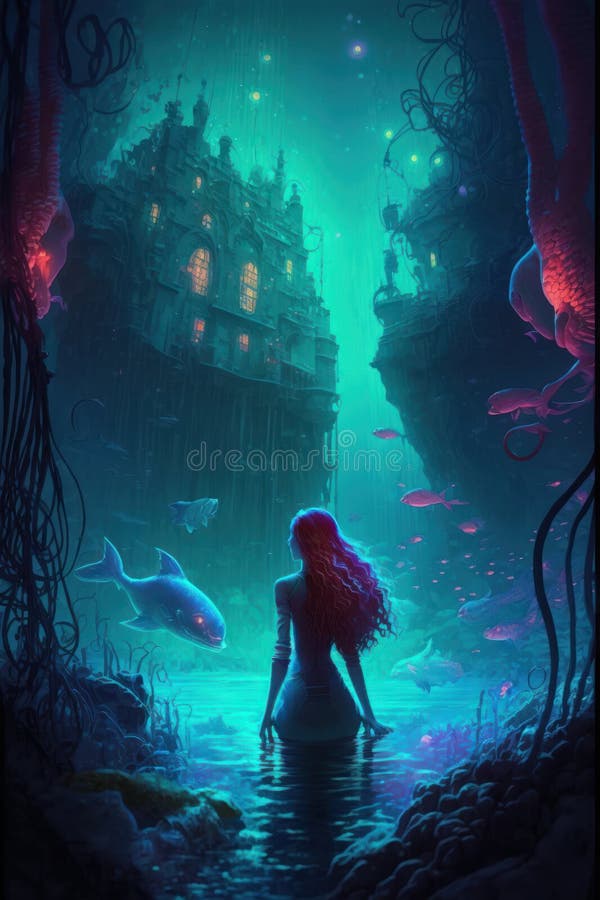 Redhead Mermaid is Under the Water. Beautiful Creative Art Stock ...