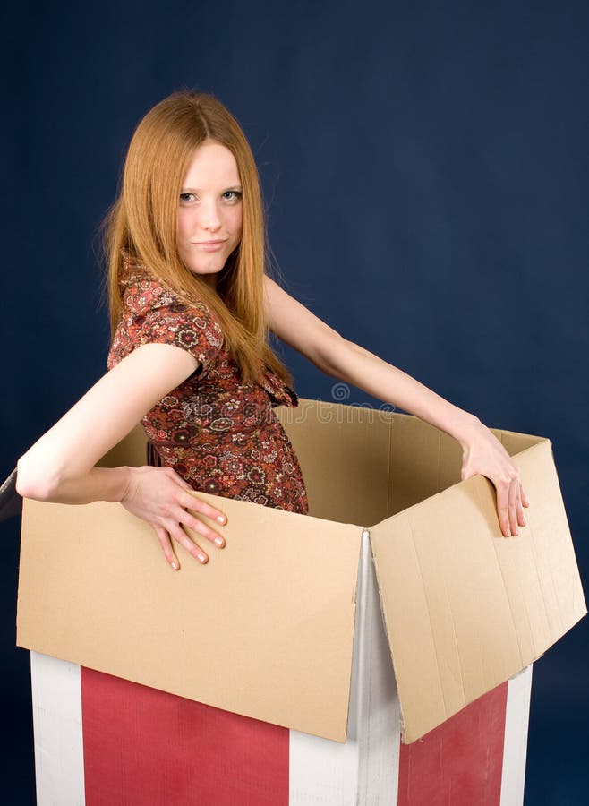 Girl in box stock photo. Image of fair, posed, cardboard - 8358828