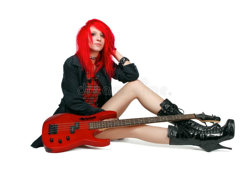 Redhead Rocker Girl with Bass Guitar Stock Photo - Image of fashion ...
