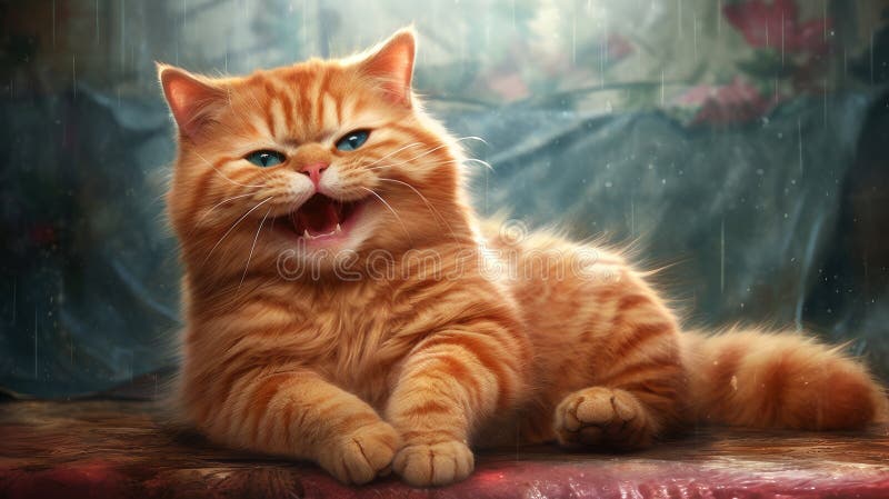 A Redhead Who Smiles and a Contented Cat at Home on the Carpet. AI ...