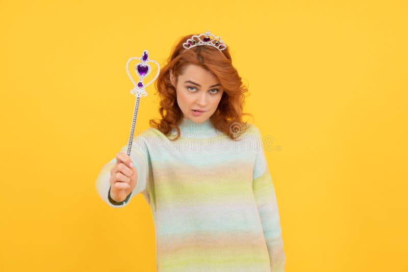 Redhead Woman in Queen Crown with Magic Wand, Magic Stock Photo - Image ...
