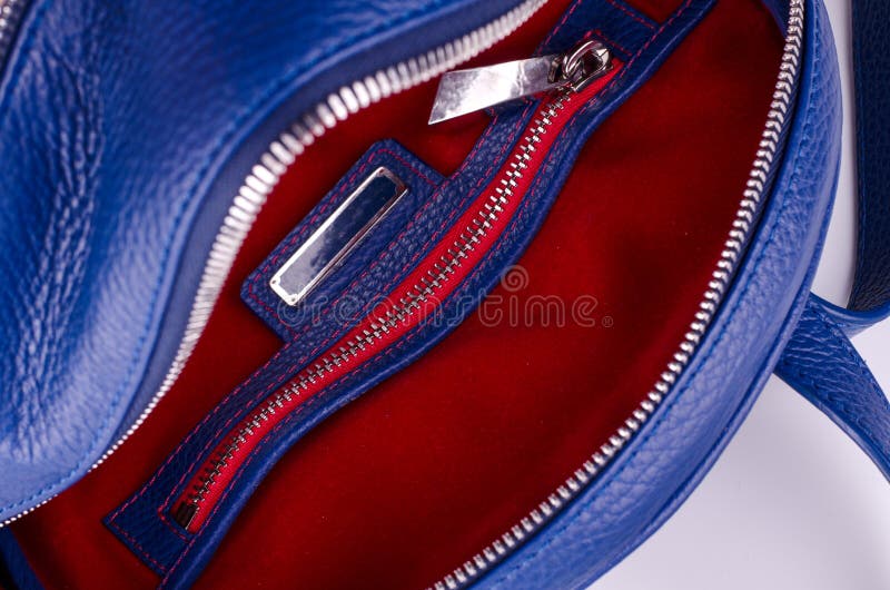 Redlining and Empty Label Inside Blue Leather Backpack. Stock Image ...