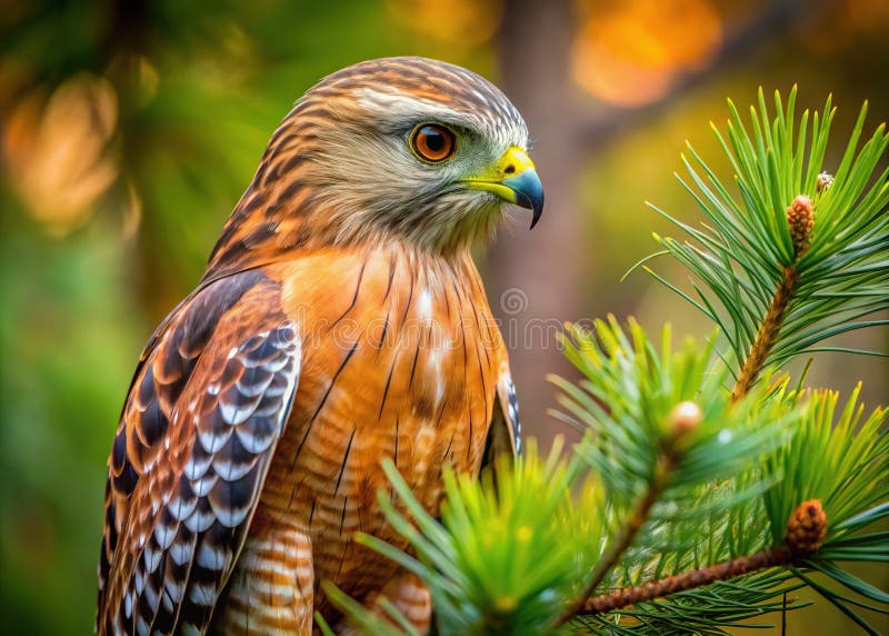 A RedShouldered Hawk in Sharp Focus Hunting Posture on a Pine Branch ...