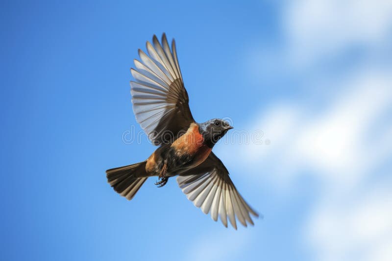 Redstart Bird Flapping Wings Against a Blue Sky Background Stock Image ...